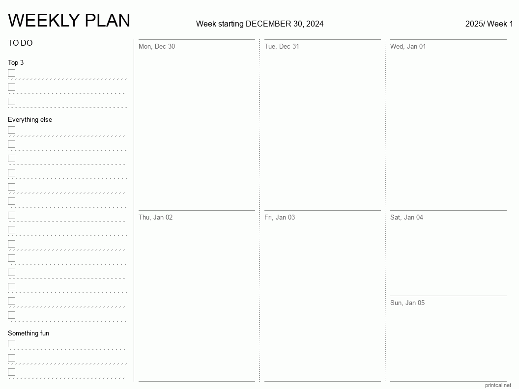 Printable 2025 Weekly Planner Auto Filled Date Template