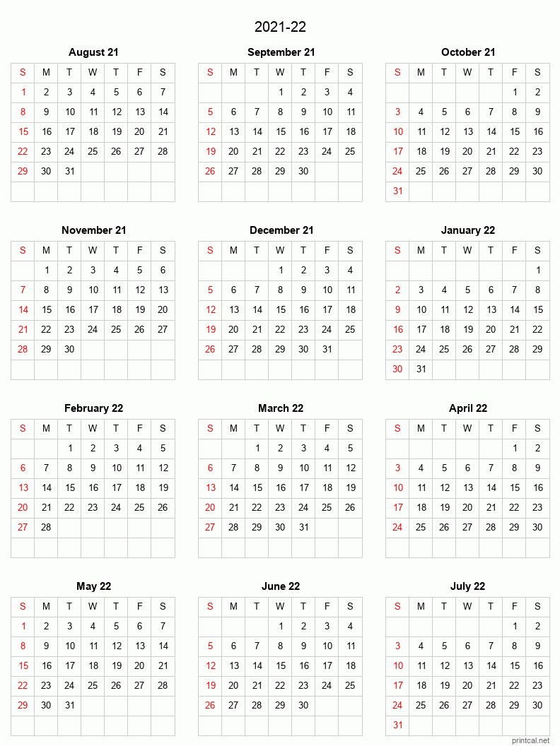 Printable 2021 22 Split Year Academic Calendar
