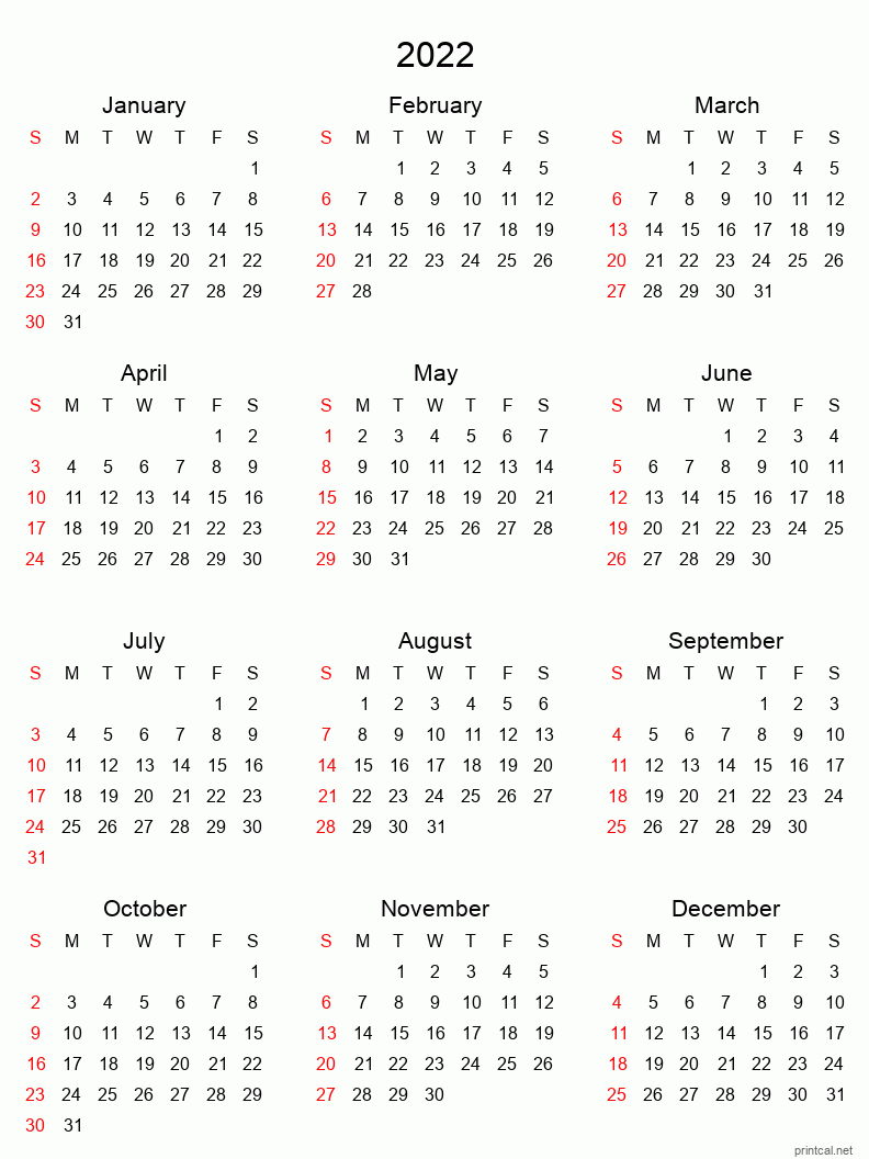 Printable Yearly Calendars 2022 Free Letter Templates 2022 Printable 